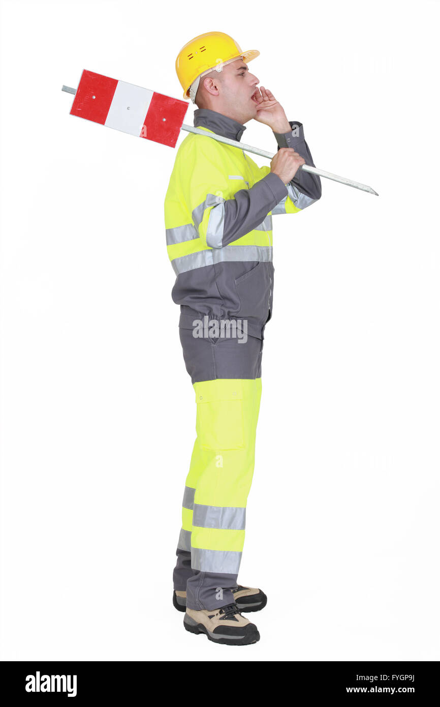 Construction worker screaming isolated on white background Stock Photo ...