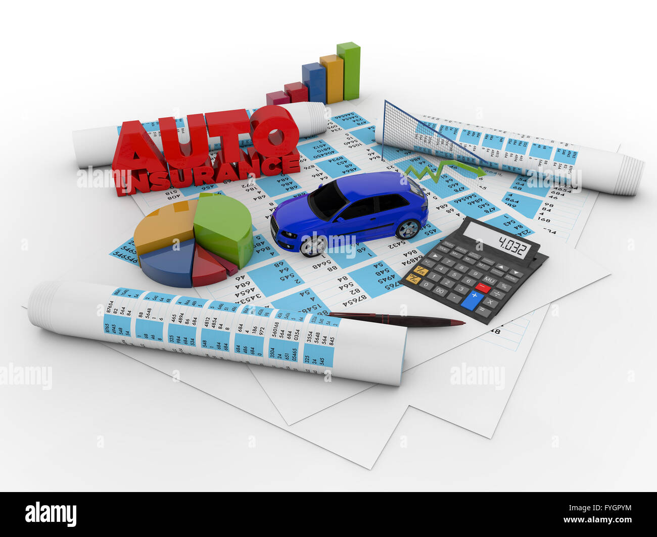 auto insurance concept: car over financial stuff isolated on white ...