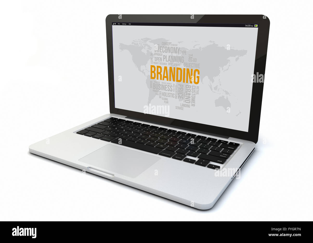 render of a 3d generated computer with branding on the screen. Screen ...