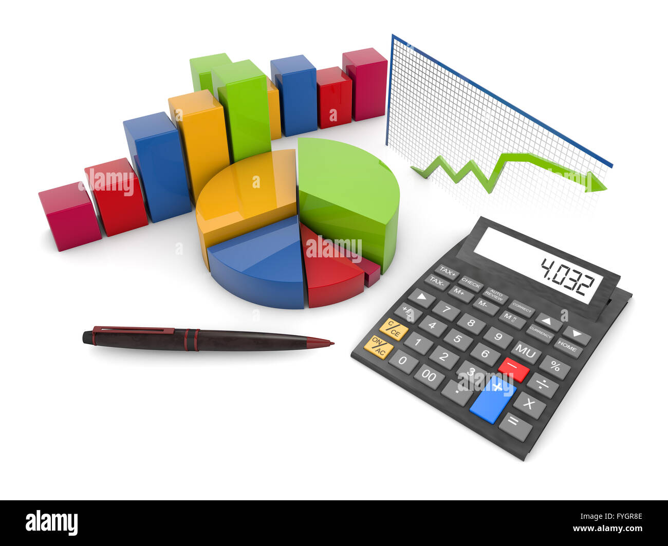 render of graphics and calculator isolated on white background Stock ...