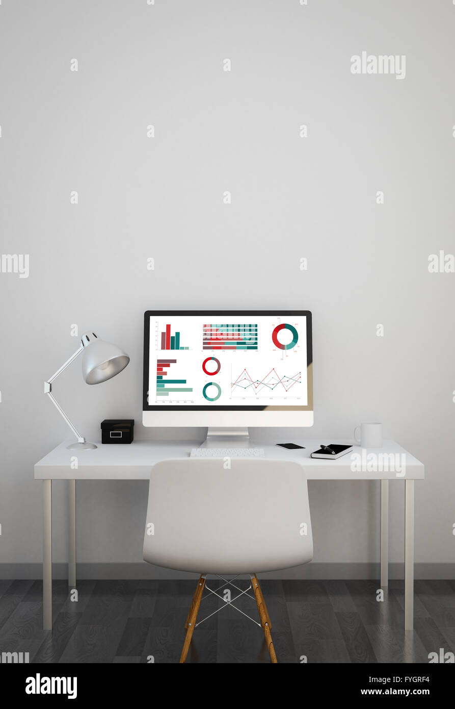 clean workspace with graphics and charts on computer screen. 3d ...
