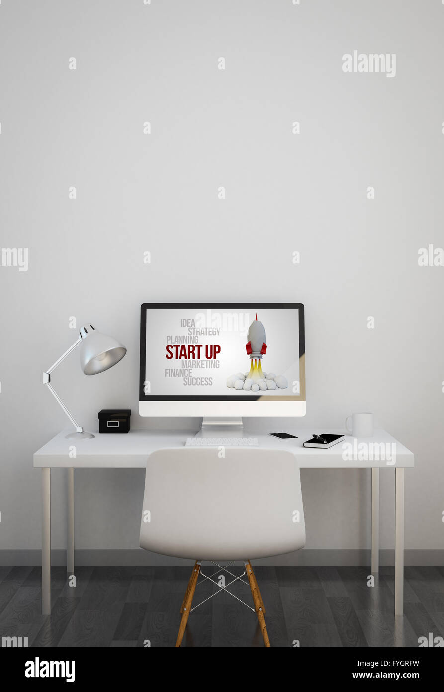 clean workspace with start up on screen. all screen graphics are made ...