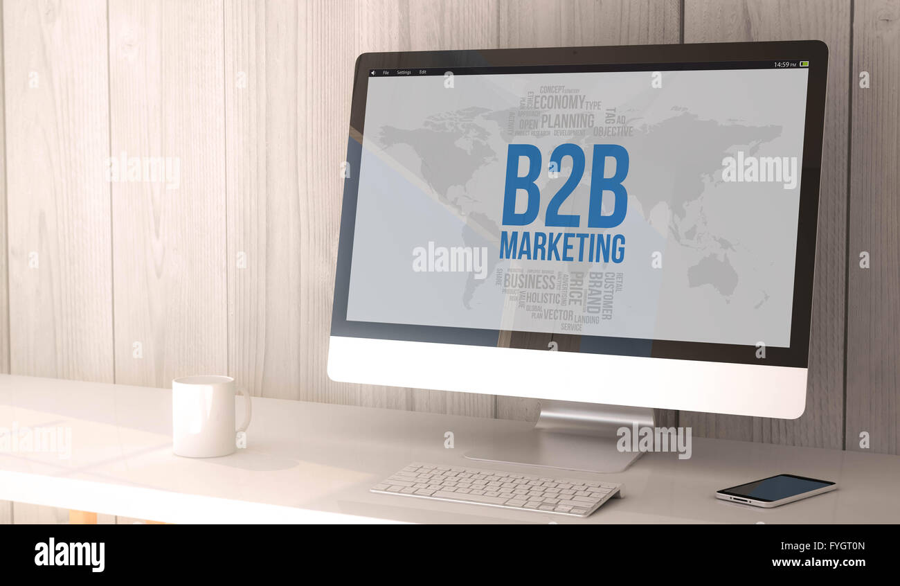 digital render generated workspace with b2b marketing concept on the screen of computer and ...