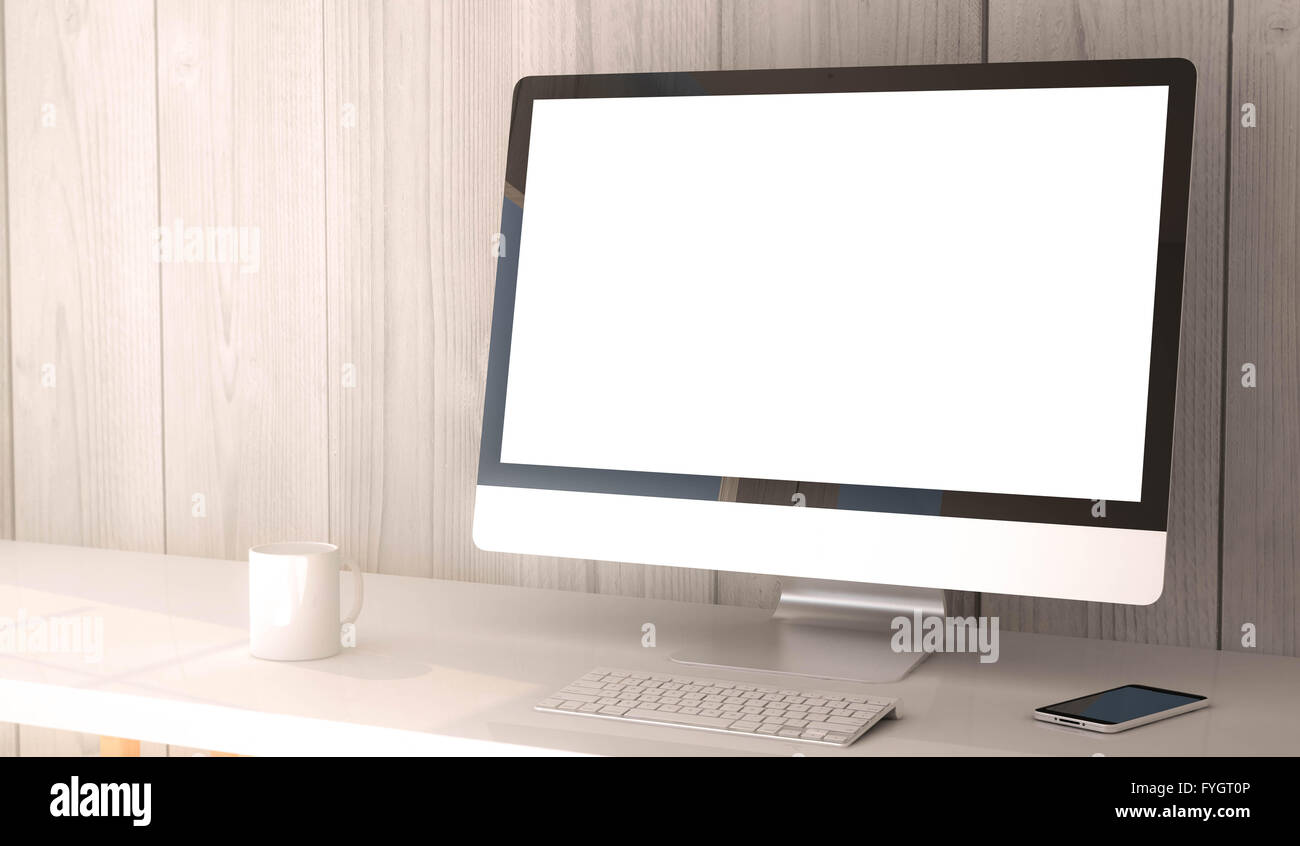 digital render generated workspace with computer and smartphone. blank screen Stock Photo - Alamy