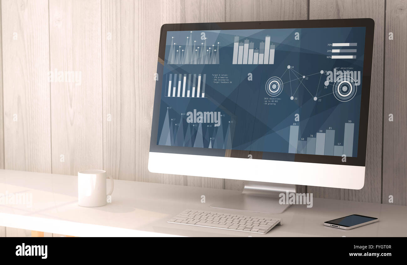 digital render generated workspace with market data on the screen of computer and smartphone ...