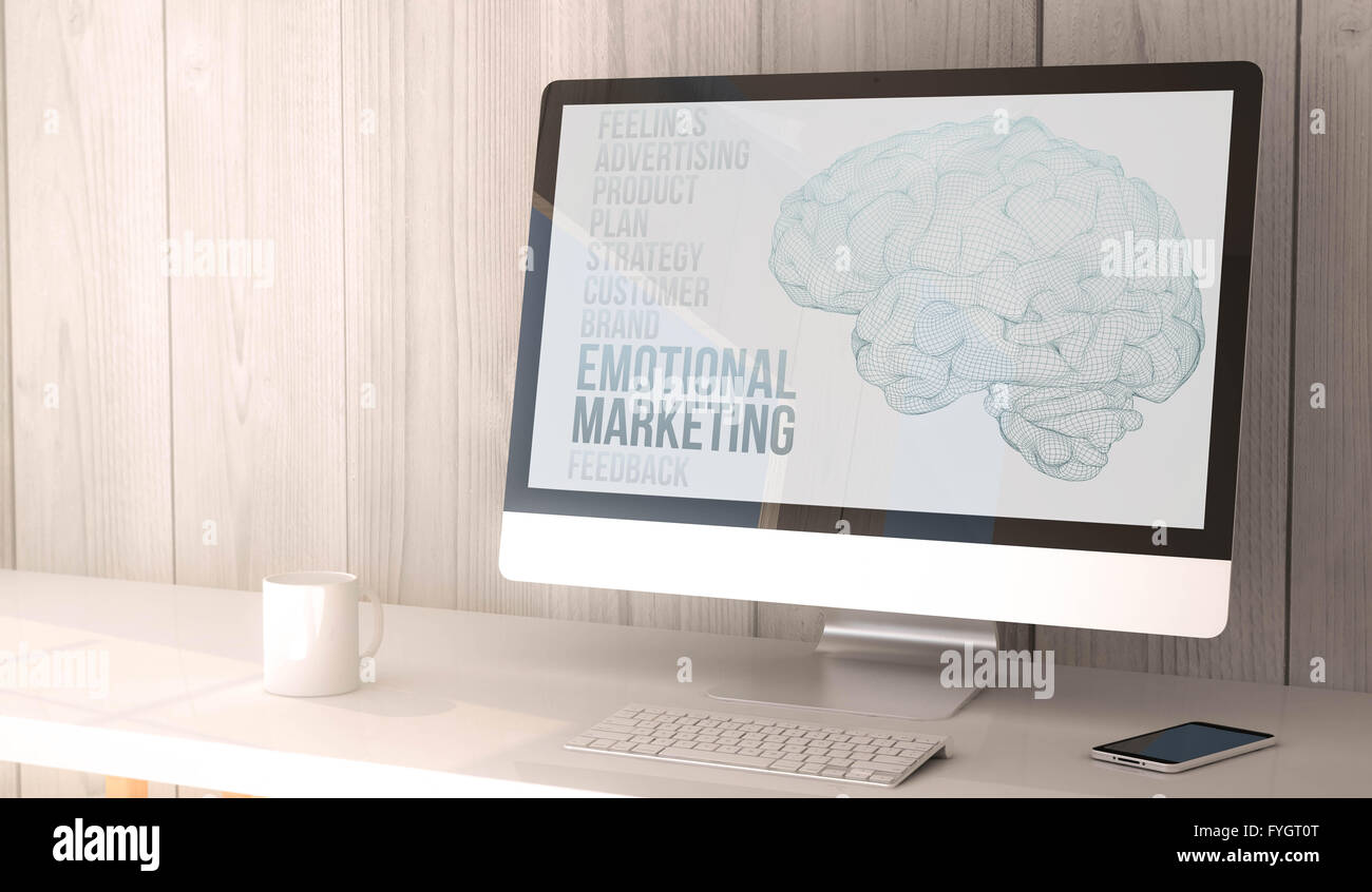 digital render generated workspace with emotional marketing on the screen of computer and ...