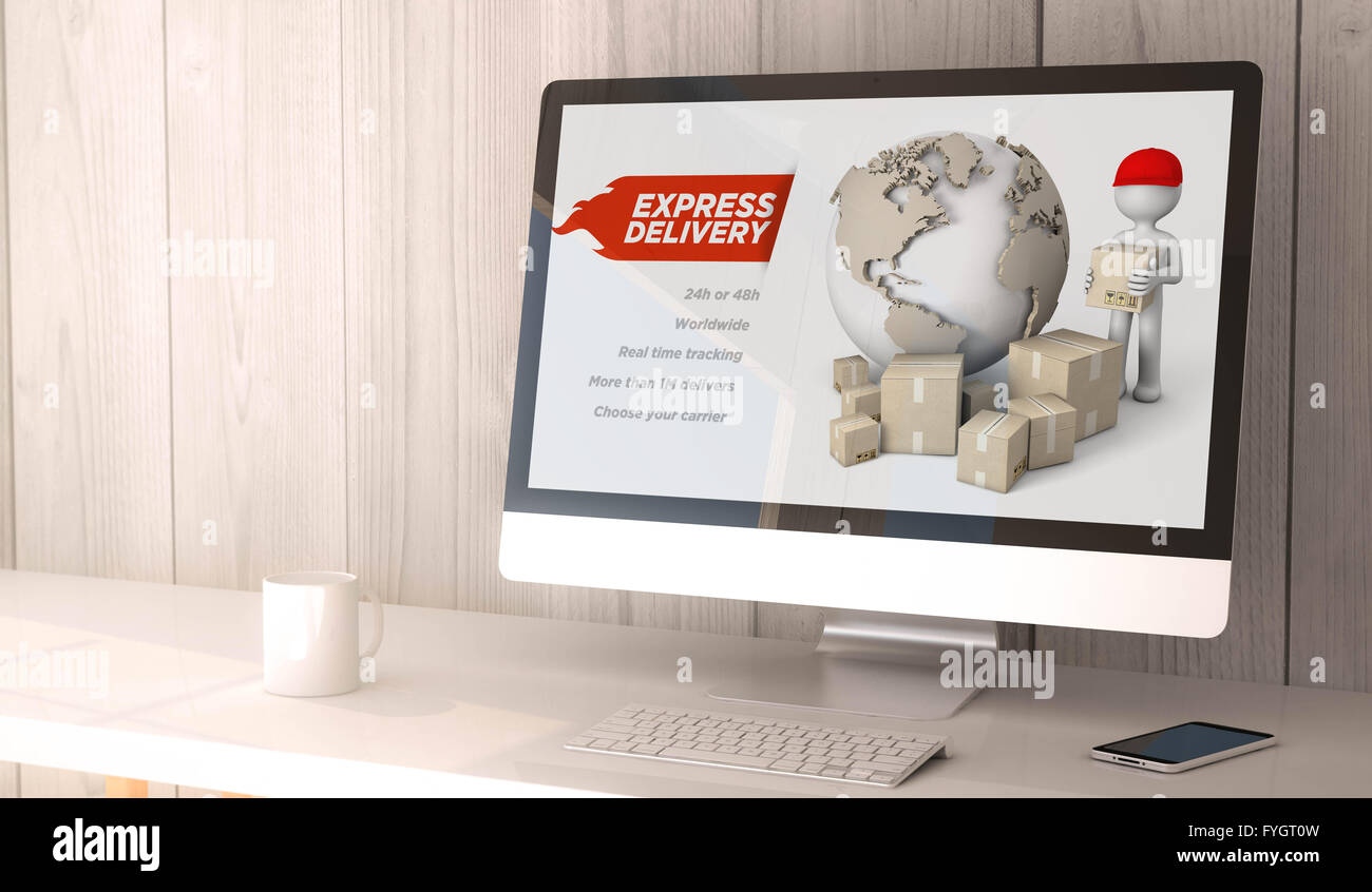 digital render generated workspace with express delivery on the screen of computer and ...