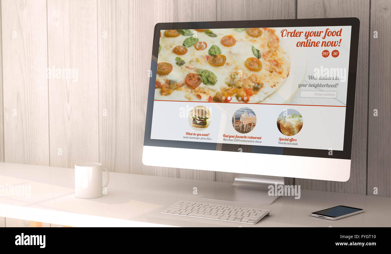 digital render generated workspace with order food online on the screen of computer and ...
