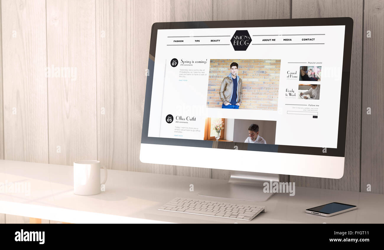 digital render generated workspace with fashion blog on the screen of computer and smartphone ...