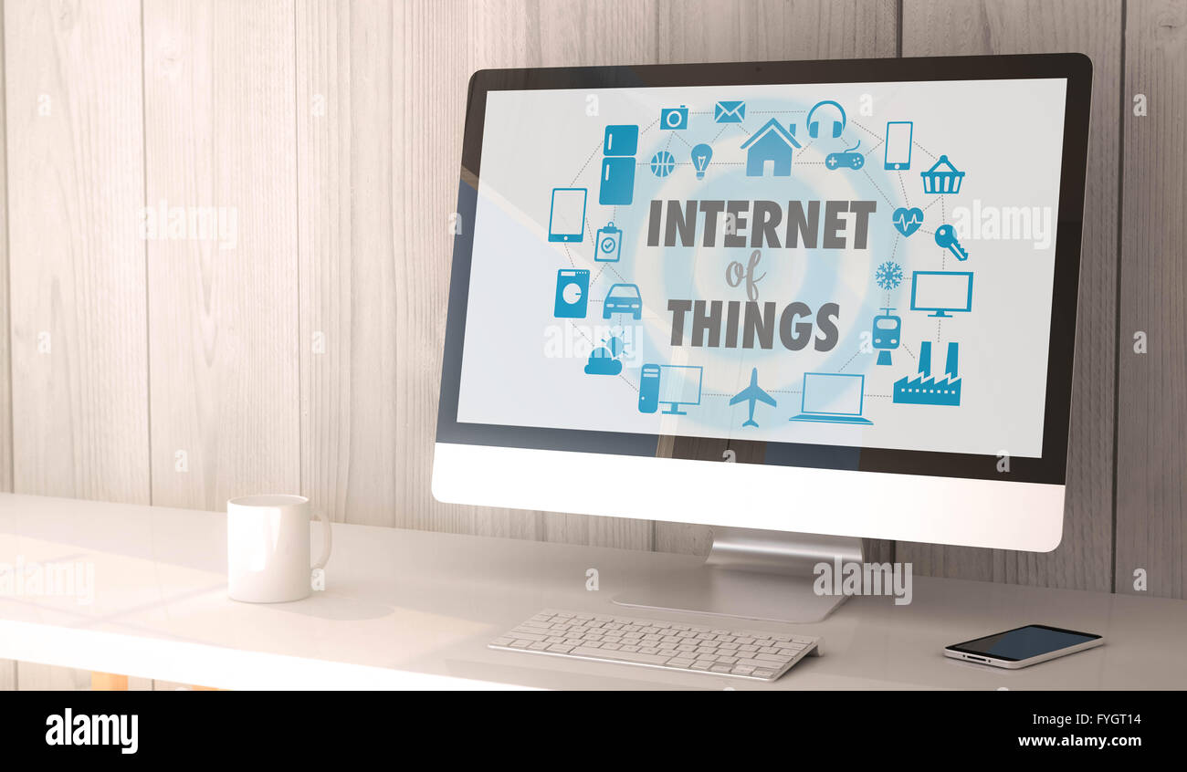 digital render generated workspace with computer with Internet of things background and ...