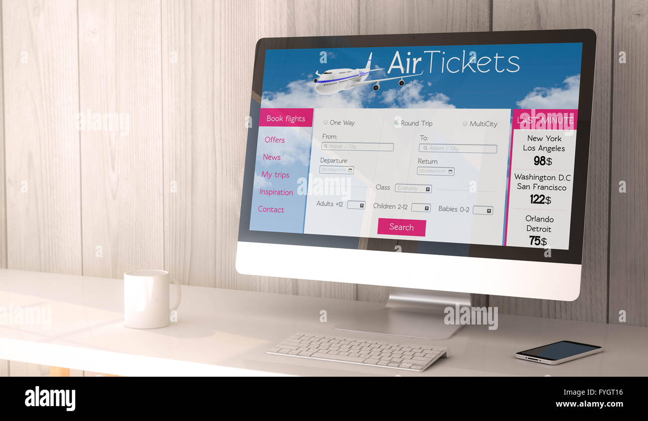 digital render generated workspace with computer with web and smartphone. All screen graphics ...