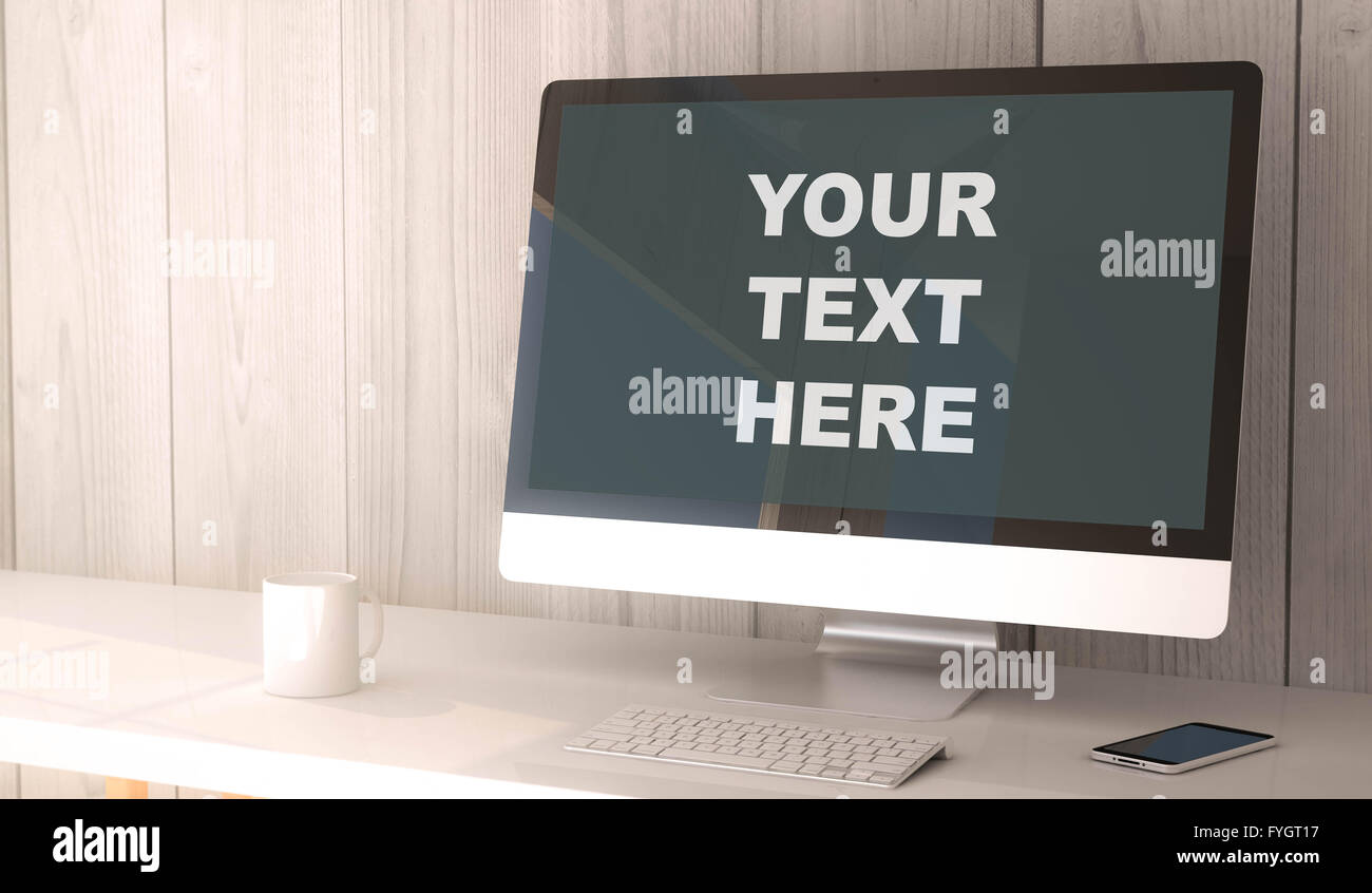 digital render generated workspace with your text here on the screen of computer and smartphone ...