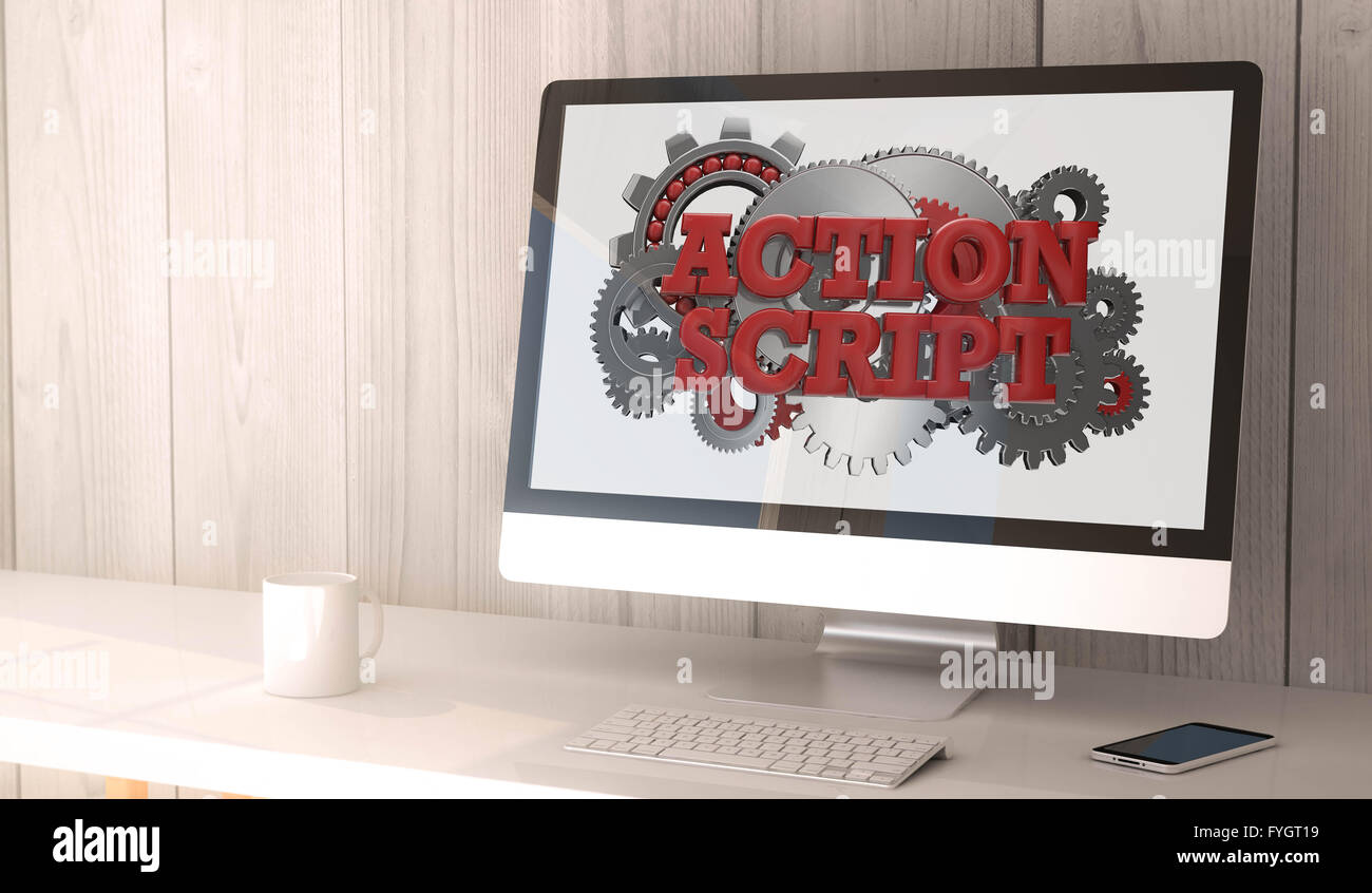 digital render generated workspace with computer and smartphone. action script on screen. All ...