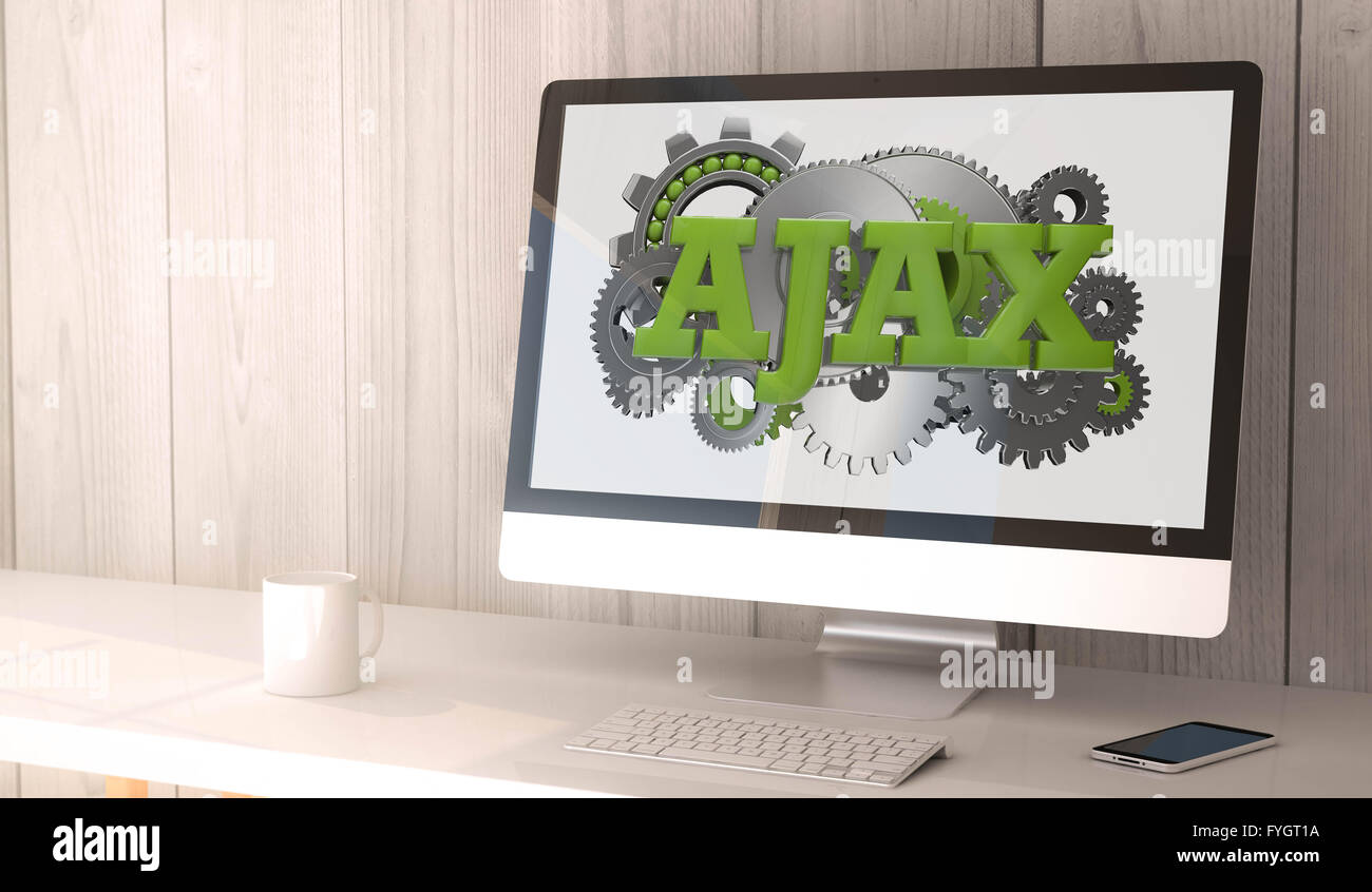 digital render generated workspace with computer and smartphone. ajax on screen. All screen ...