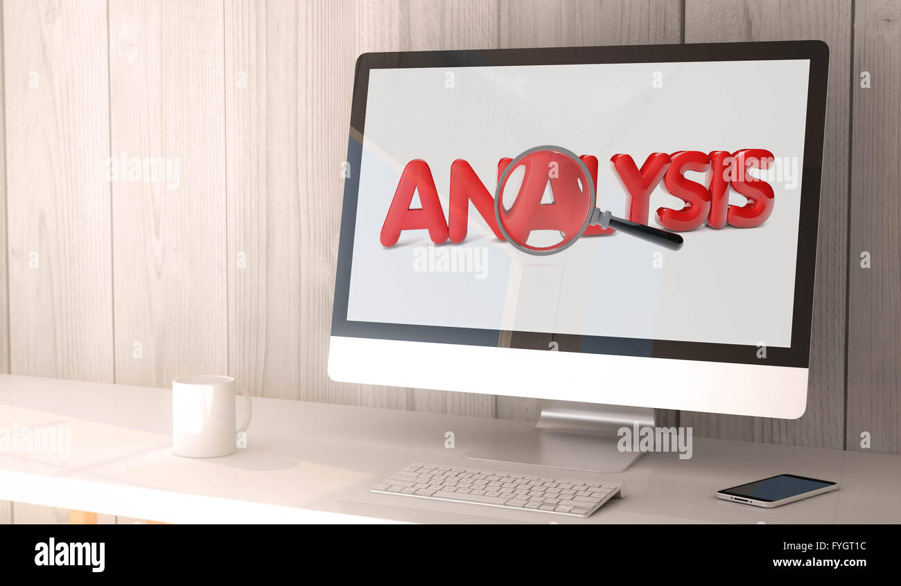 digital render generated analysis workspace with computer and smartphone. All screen graphics ...