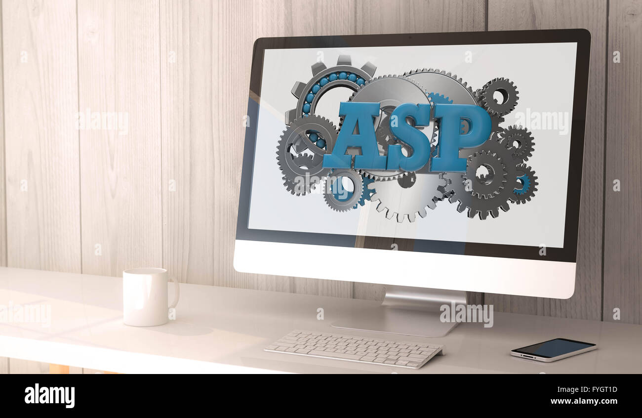 digital render generated workspace with computer and smartphone. asp on screen. All screen ...