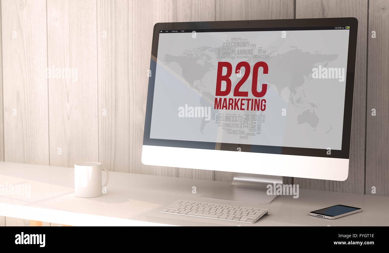 digital render generated workspace with b2c marketing concept on the screen of computer and ...
