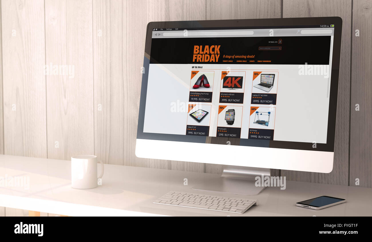 digital render generated workspace with black friday on the screen of computer and smartphone ...