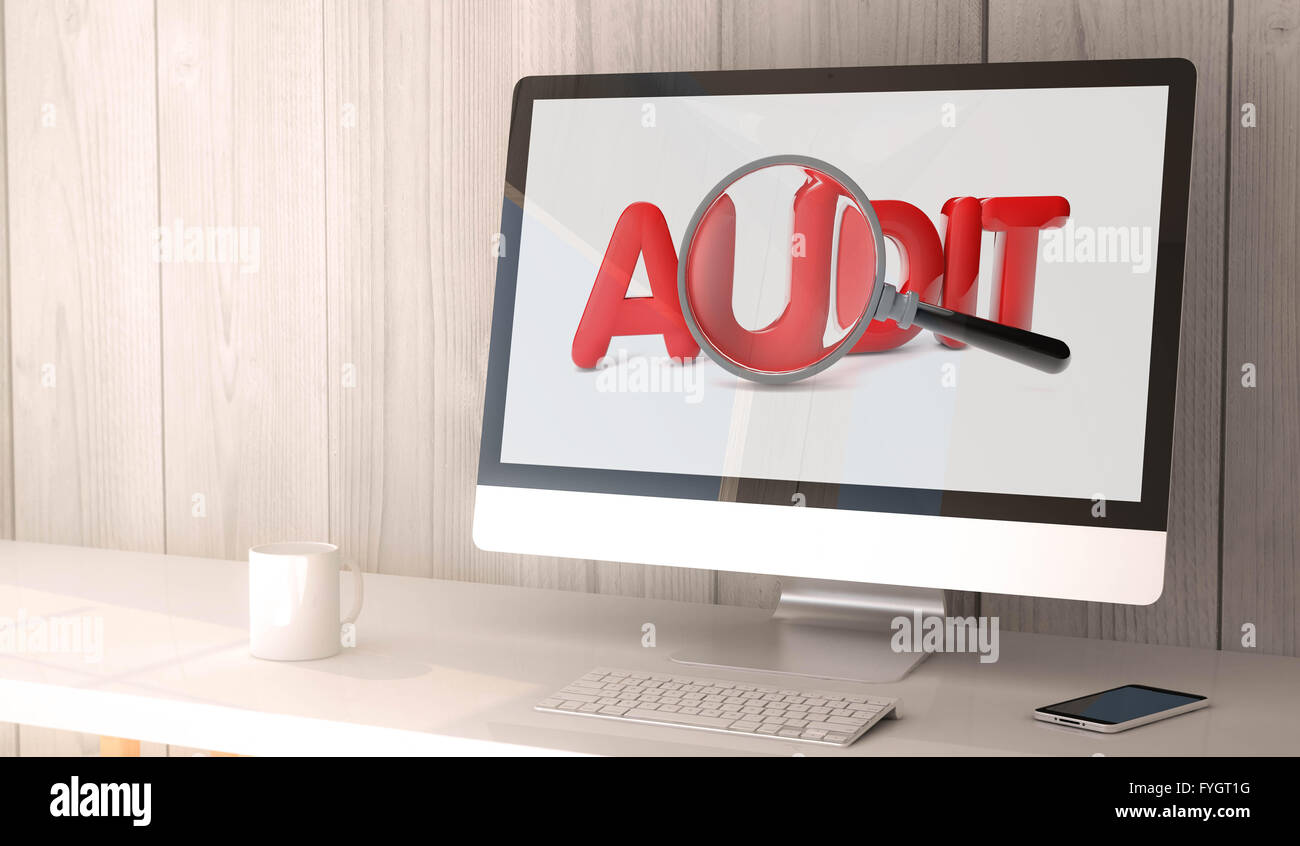 digital render generated workspace with audit on the screen of computer and smartphone. All ...