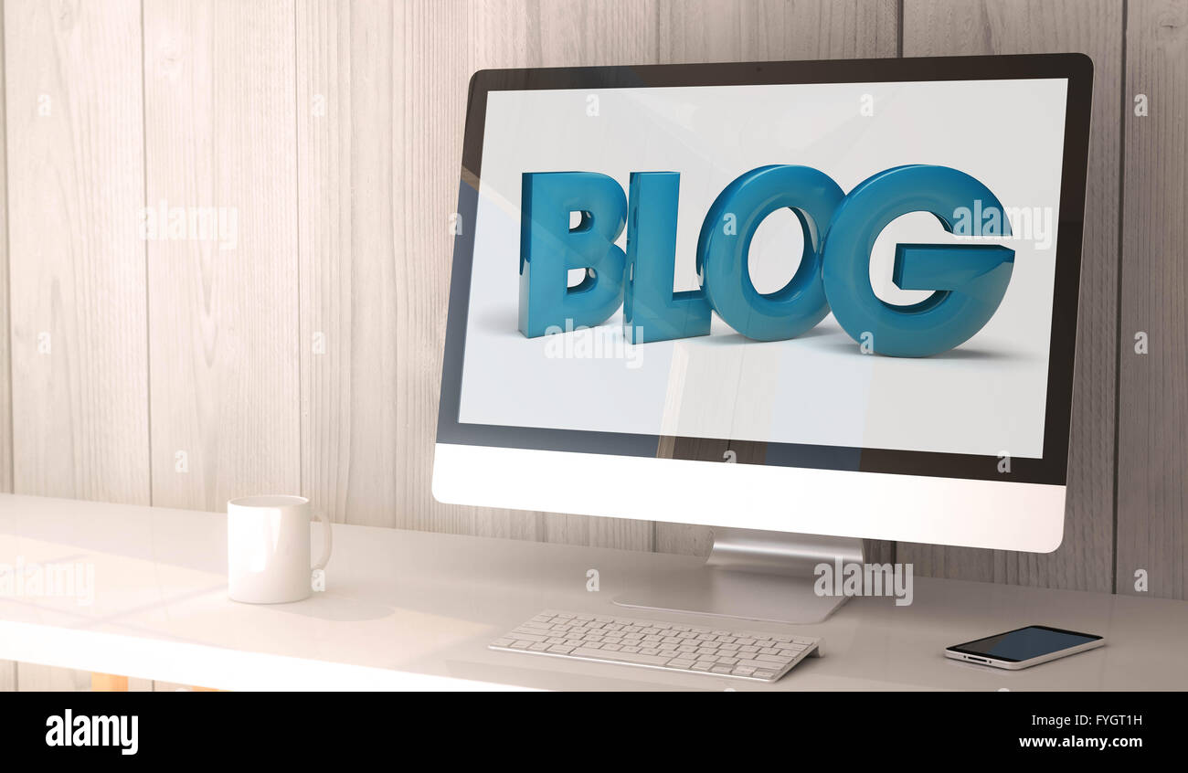 digital render generated workspace with blog on the screen of computer and smartphone. All ...