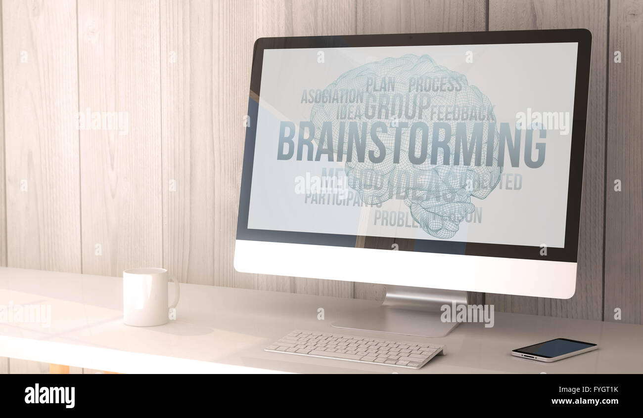 digital render generated workspace with brainstorming on the screen of computer and smartphone ...