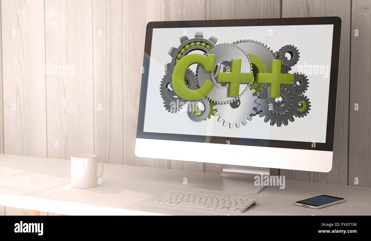 digital render generated workspace with computer and smartphone. c++ on screen. All screen ...