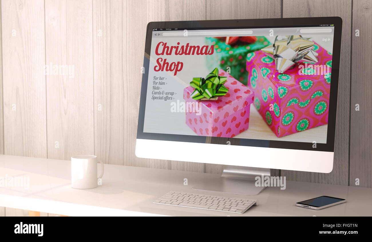 digital render generated workspace with onlinechristmas shop on the screen of computer and ...