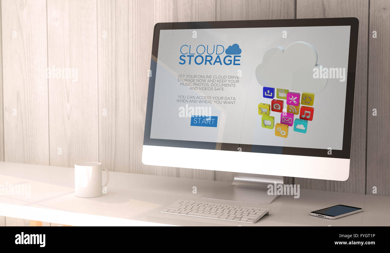 digital render generated workspace with computer and smartphone. cloud storage drive website on ...
