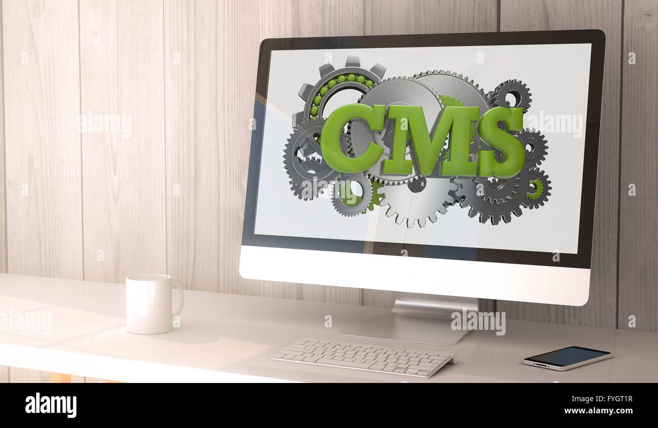 digital render generated workspace with computer and smartphone. cms on screen. All screen ...