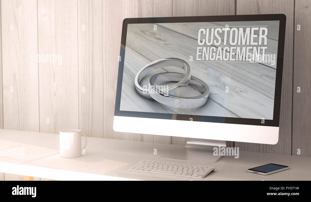 digital render generated workspace with customer engagement on the screen of computer and ...