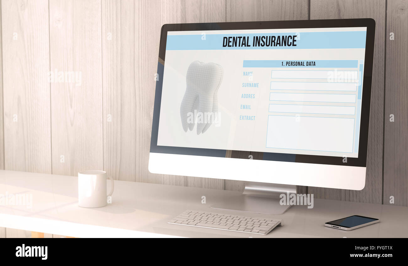digital render generated workspace with computer and smartphone with dental insurance form on ...