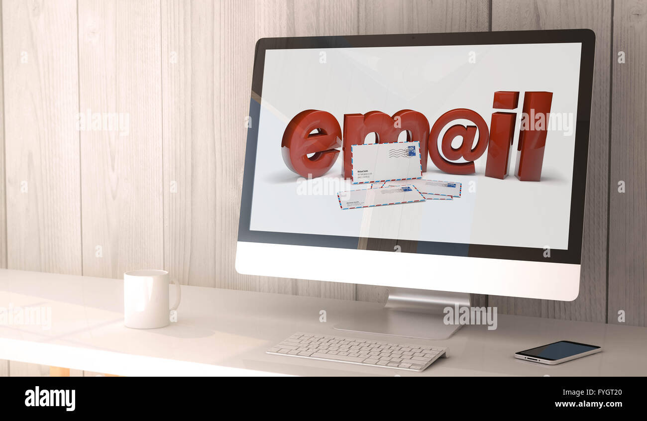 digital render generated workspace with blog on the screen of computer and smartphone. All ...