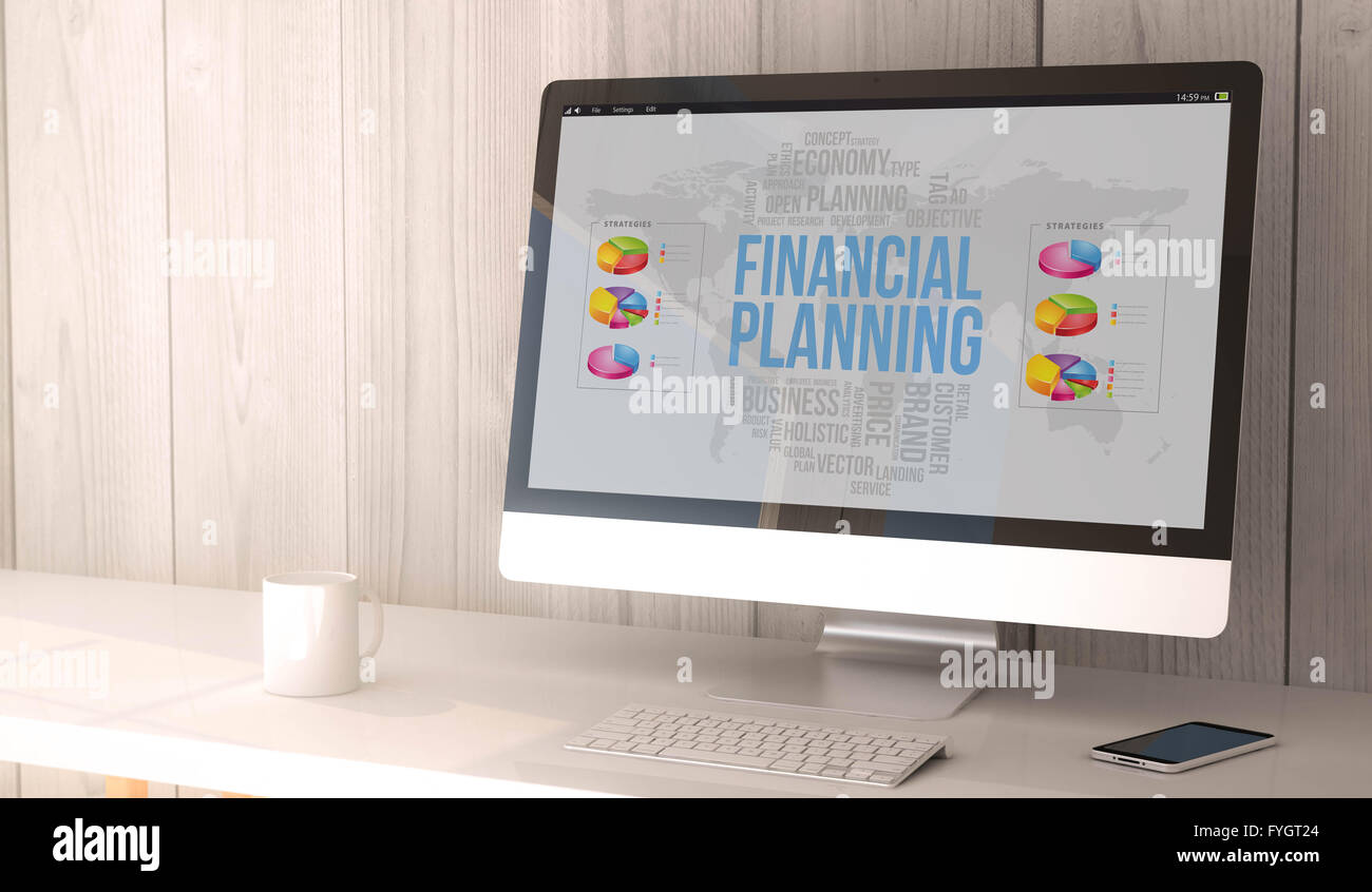 digital render generated workspace with computer and smartphone. Financial planning on the ...