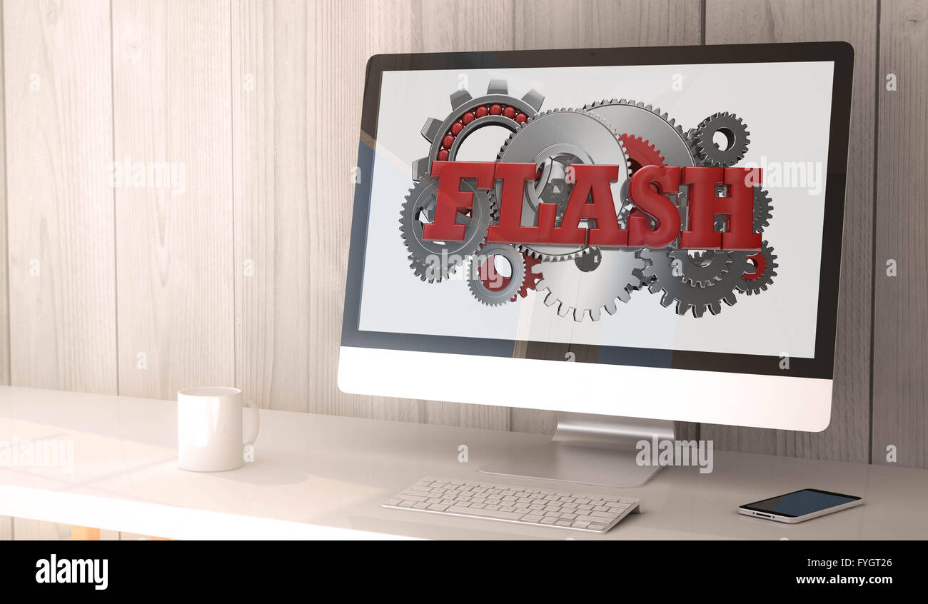 digital render generated workspace with computer and smartphone. flash on screen. All screen ...