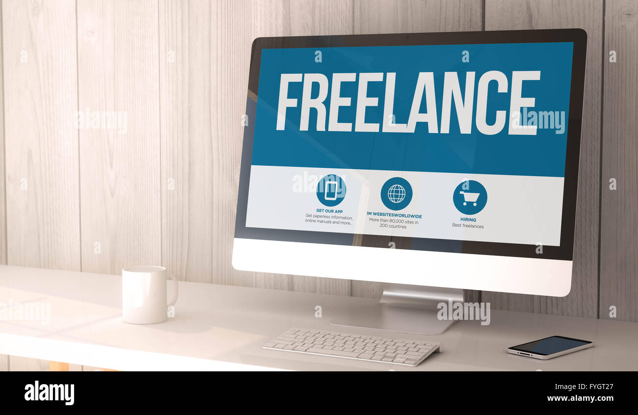 digital render generated freelance workspace with computer and smartphone. All screen graphics ...