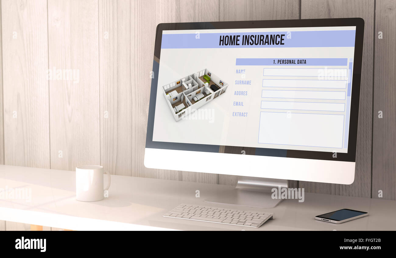 digital render generated workspace with computer and smartphone with home insurance form on the ...