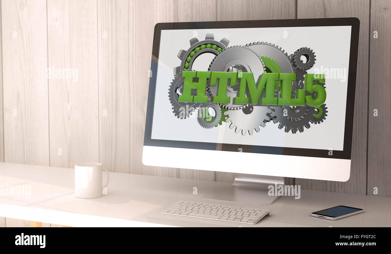 digital render generated workspace with computer and smartphone. html5 on screen. All screen ...