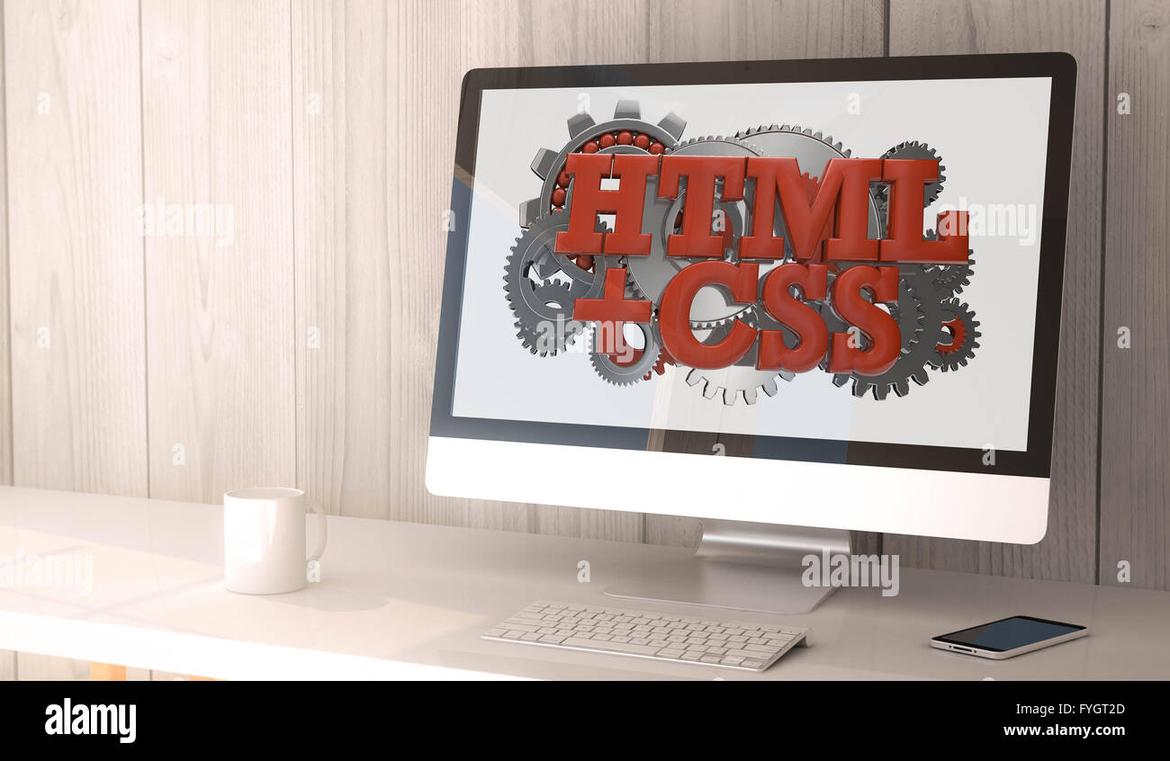 digital render generated workspace with computer and smartphone. html and css on screen. All ...