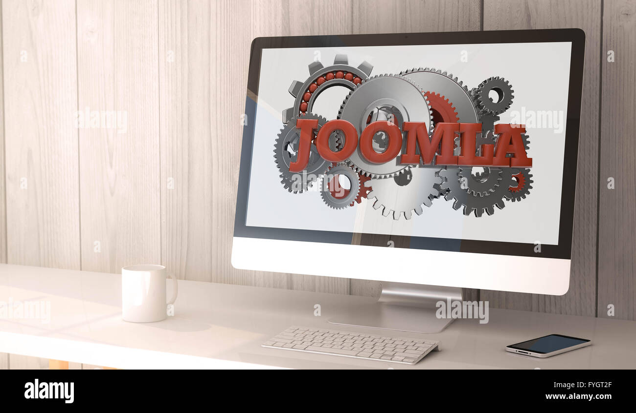 digital render generated workspace with computer and smartphone.joomla on screen. All screen ...