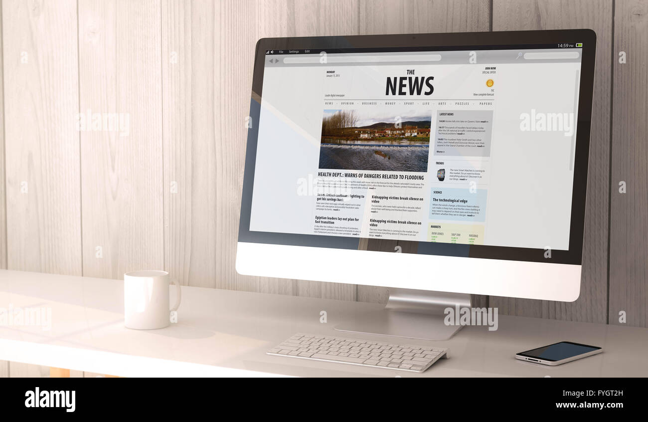 digital render generated workspace with computer and smartphone. News website on the screen. All ...