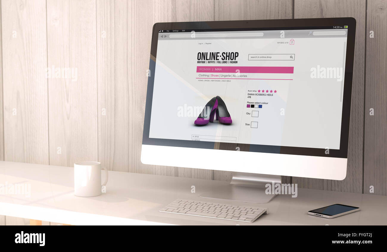 digital render generated workspace with computer and smartphone.online shop on the screen. All ...