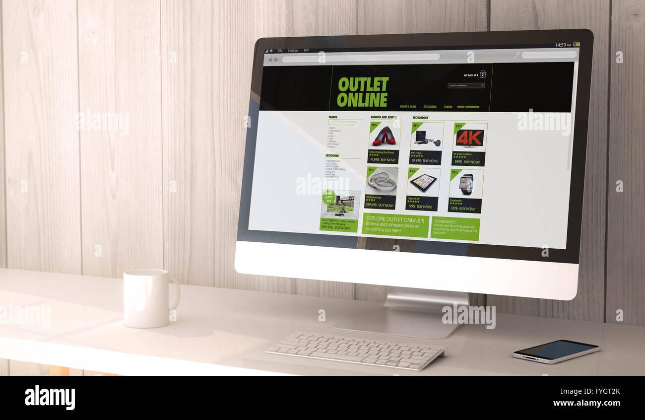 digital render generated workspace with outlet online on the screen of computer and smartphone ...
