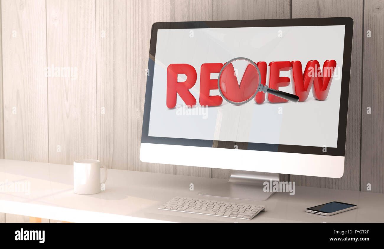 digital render generated workspace with review on the screen of computer and smartphone. All ...