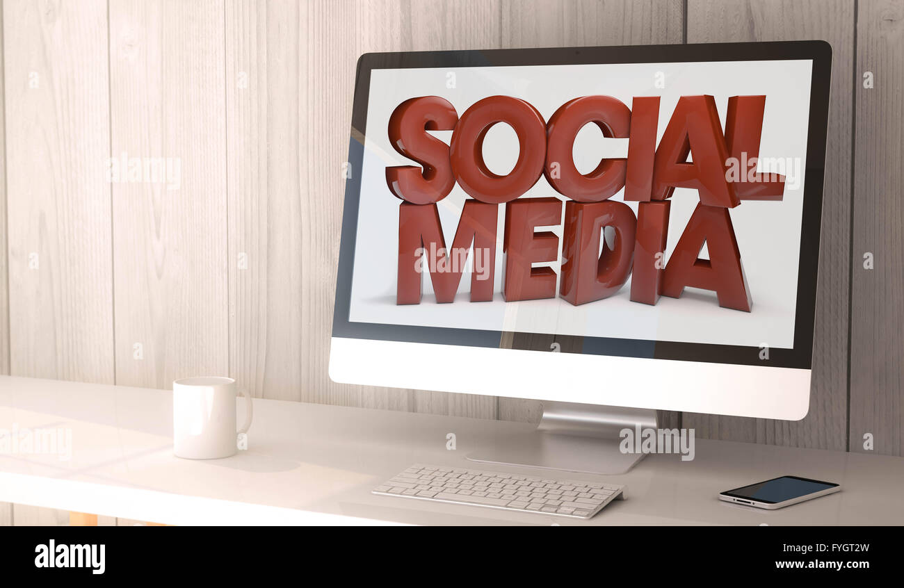 digital render generated workspace with social media on the screen of computer and smartphone ...