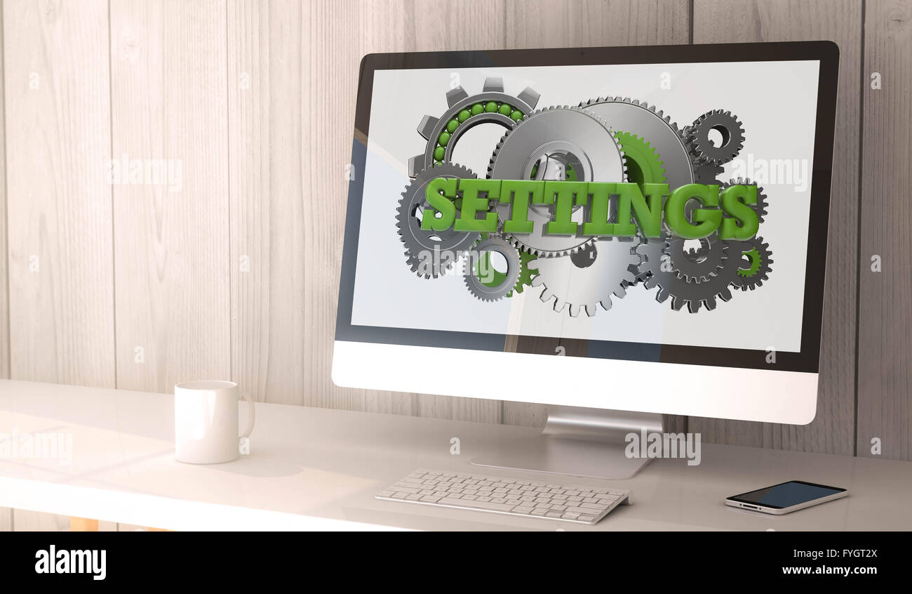 digital render generated workspace with computer and smartphone. settings on screen. All screen ...