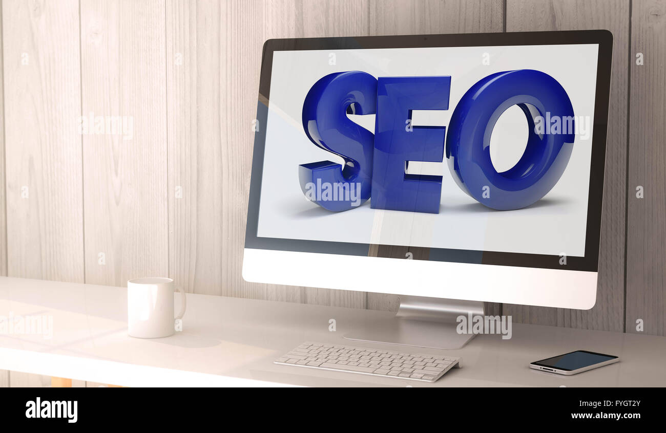 digital render generated workspace with seo on the screen of computer and smartphone. All screen ...