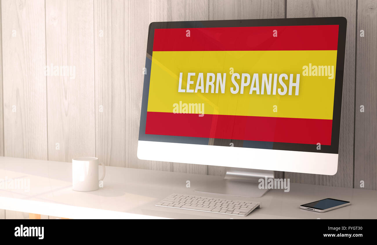 digital render generated workspace with learn spanish on the screen of ...