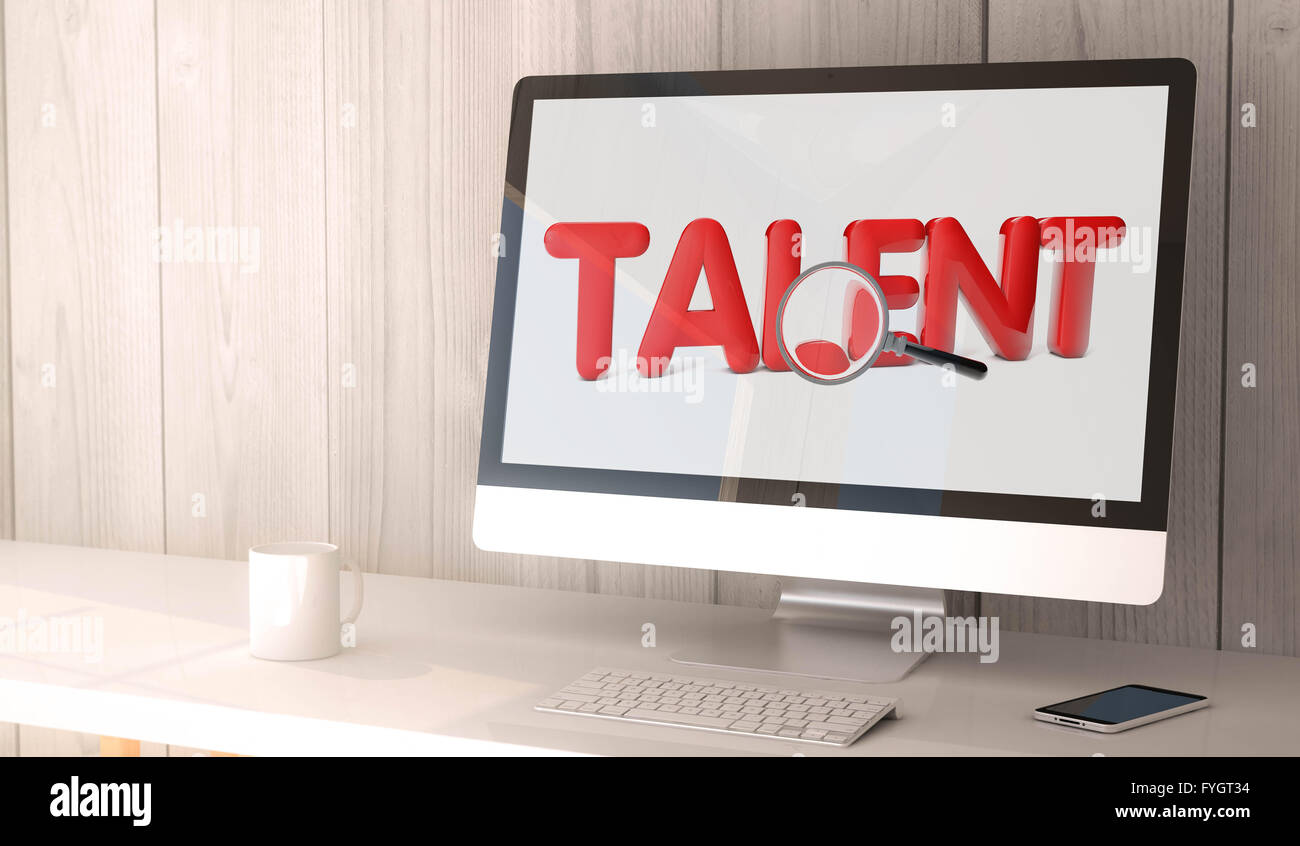 digital render generated workspace with online talent search on the screen of computer and ...