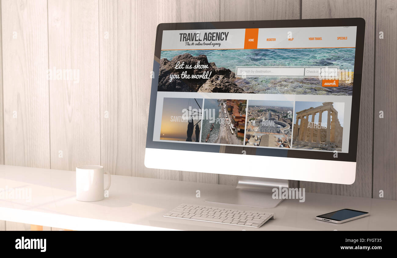 digital render generated workspace with computer and smartphone with travel agency online on the ...