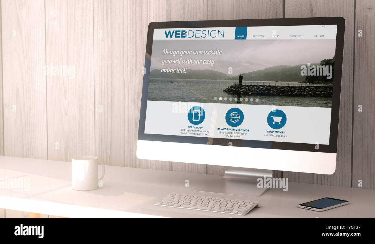 digital render generated workspace with computer and smartphone. web design website on screen ...
